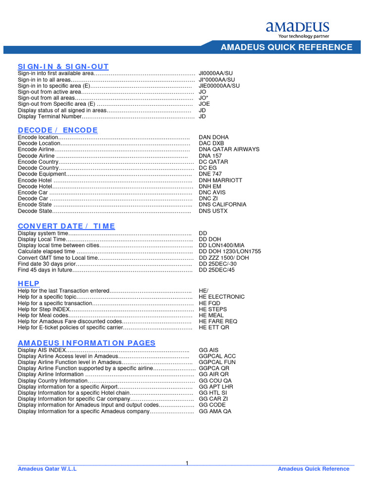 Amadeus Quick Reference Jul 09 166 | PDF