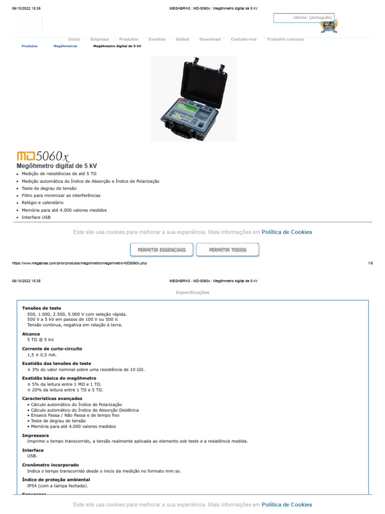 MEGABRAS - MD-5060x - Megôhmetro Digital de 5 KV | PDF | Eletricidade | Engenharia Elétrica
