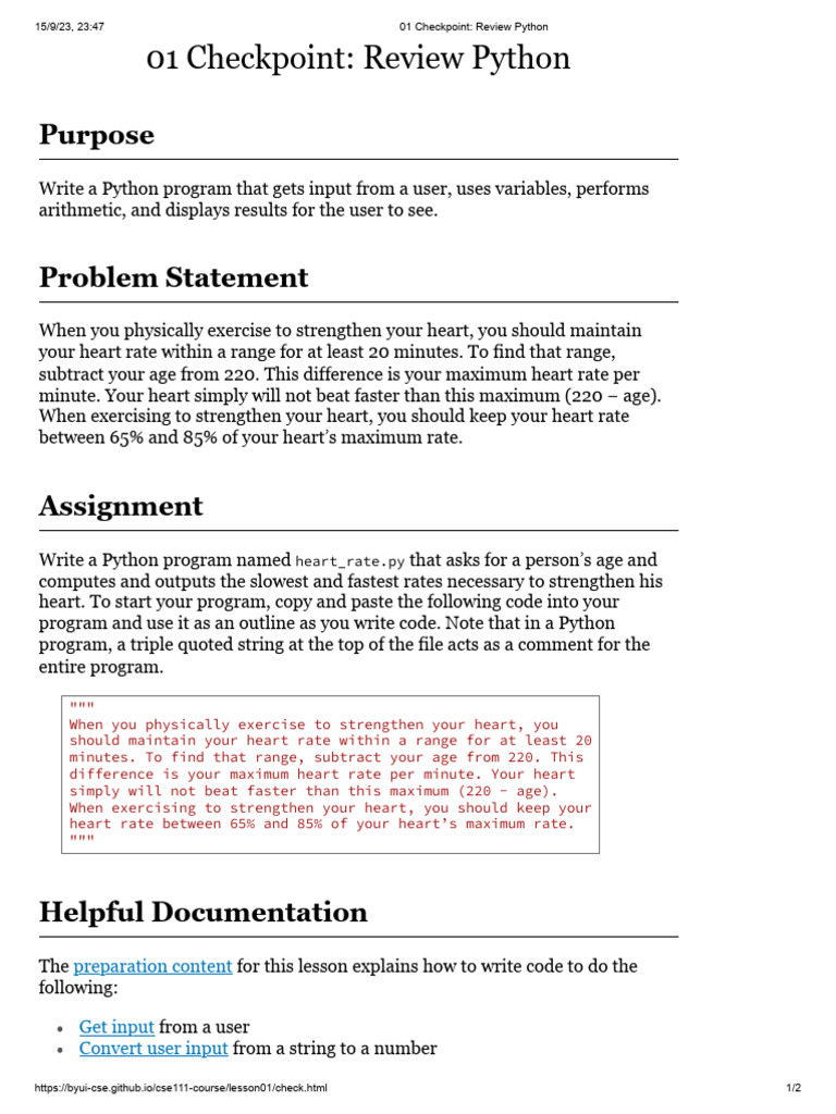 01 Checkpoint Review Python Pdf Python Programming Language Heart Rate 