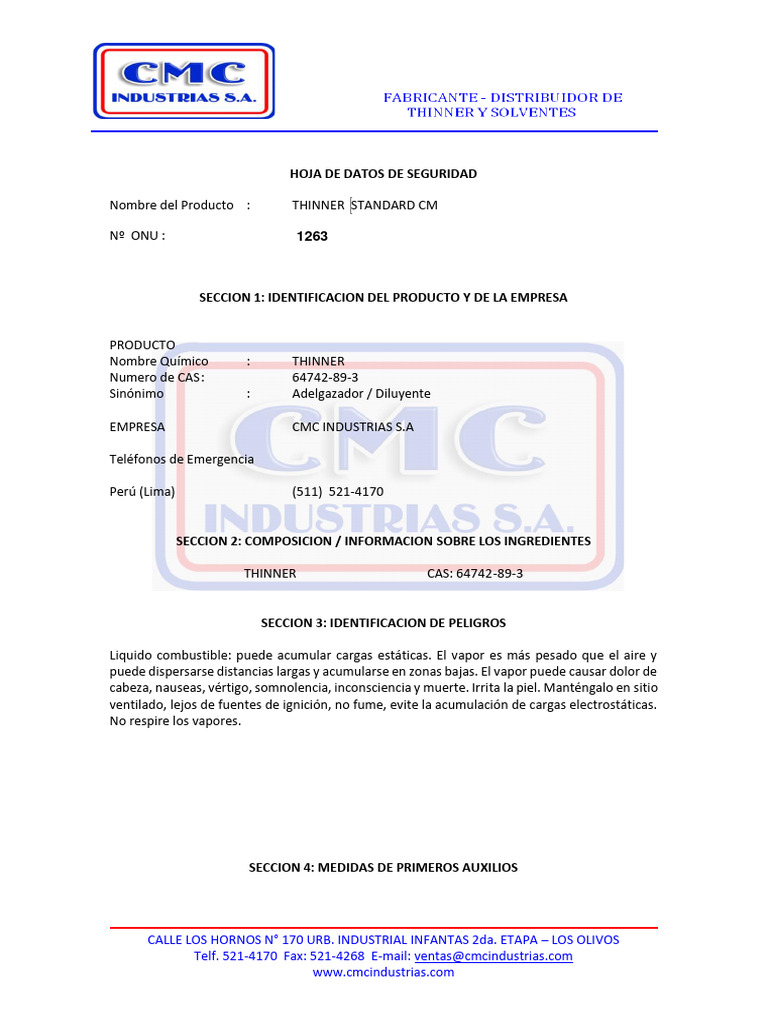 Hoja de Seguridad (MSDS) Standard CM | PDF