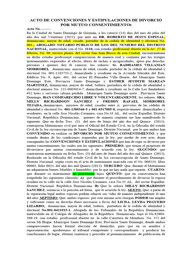 Acto de Convenciones y Estipulaciones de Divorcio Por Mutuo | PDF ... Acto de Convenciones y Estipulaciones de Divorcio Por Mutuo | PDF ...