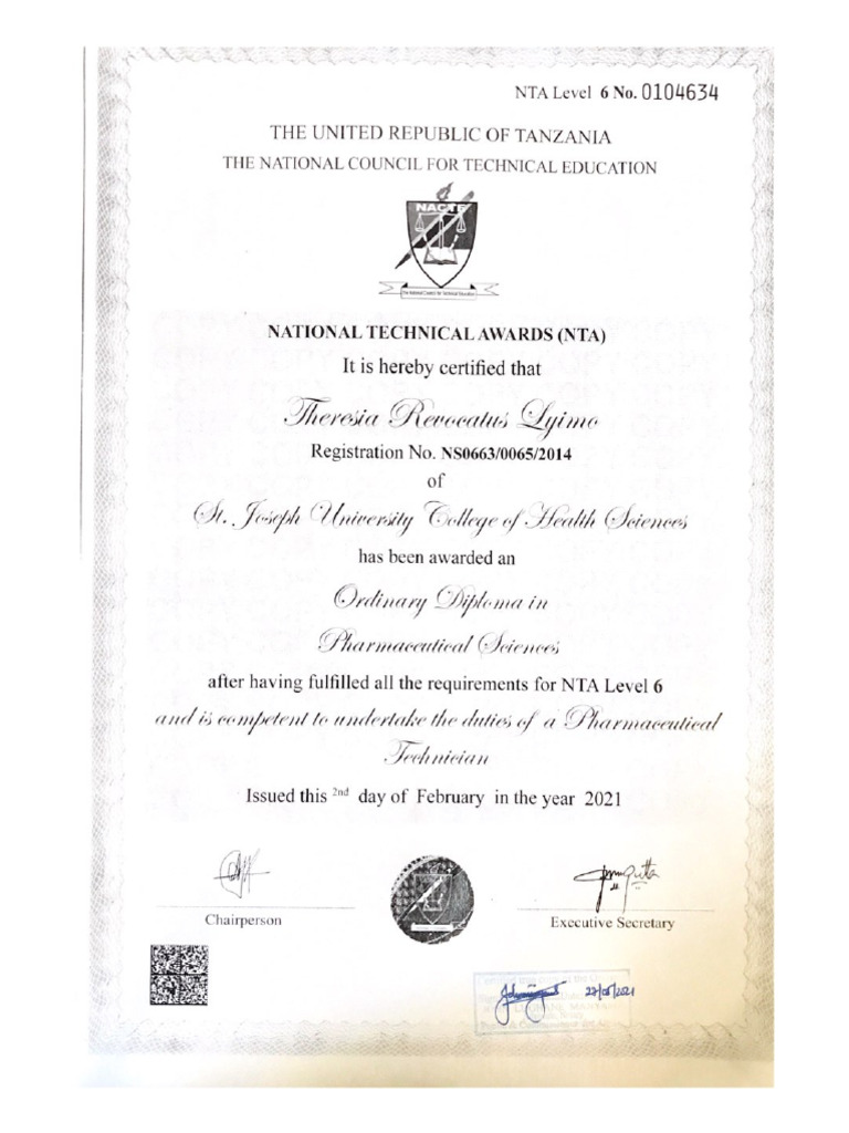 NTA Level 6 No. 0104634 | PDF