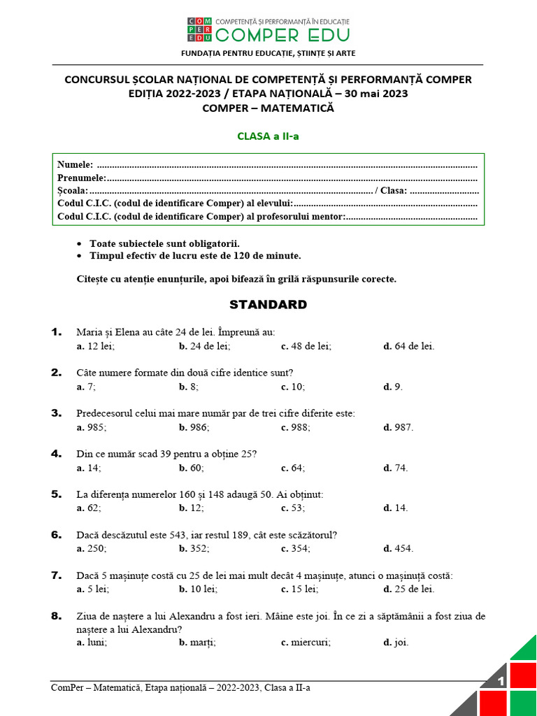 Subiect Comper Mate EtapaN 2022 2023 ClasaII | PDF