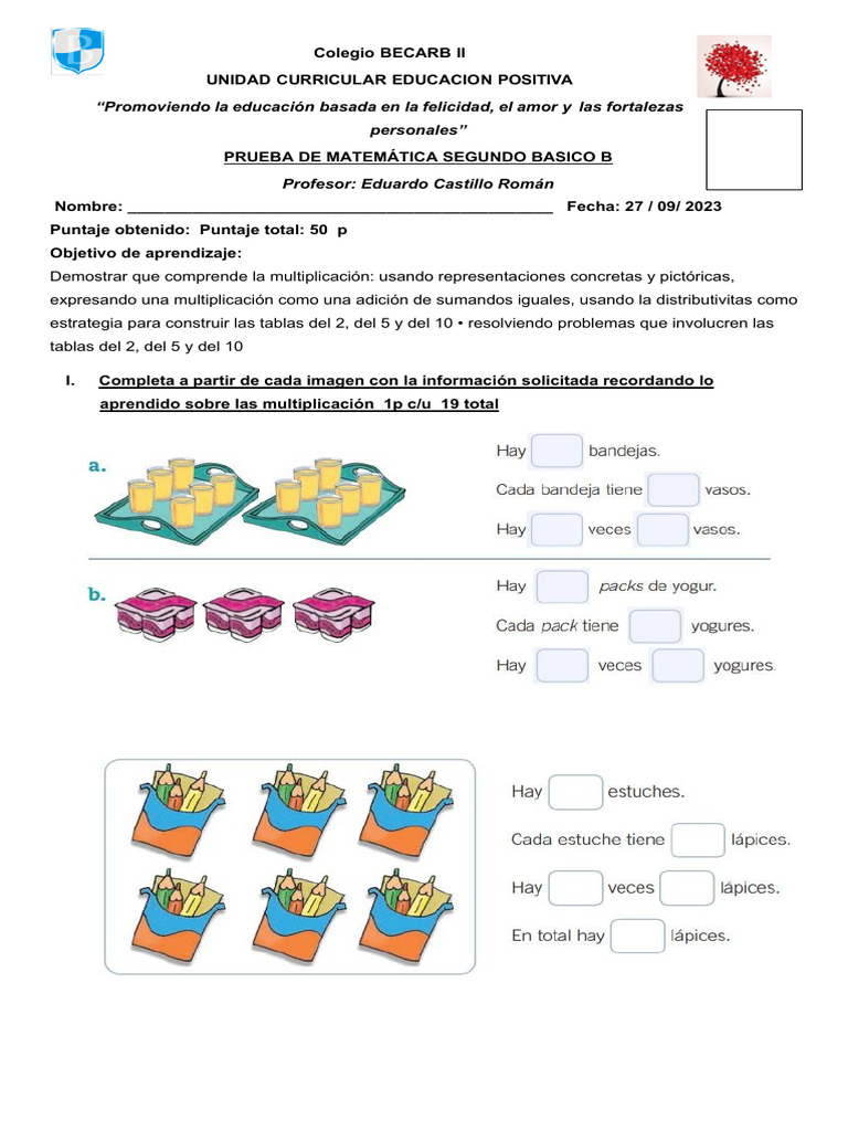 Prueba de Matemática Multiplicación. 2 Básico | PDF