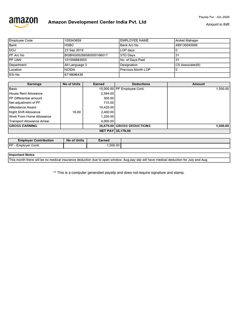 Amazon India Employee Payslip JUL-2020 | PDF