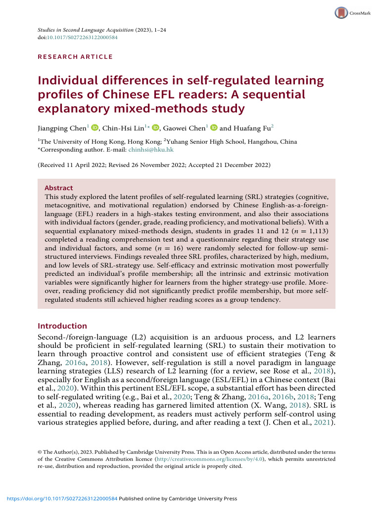 Individual Differences in Self Regulated Learning Profiles of Chinese ... Individual Differences in Self Regulated Learning Profiles of Chinese ...