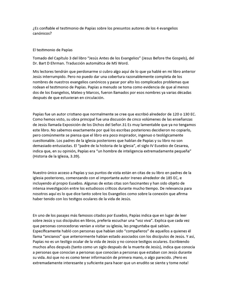 Testimonio de Papías sobre los Evangelios | PDF | Evangelio de Marcos ...