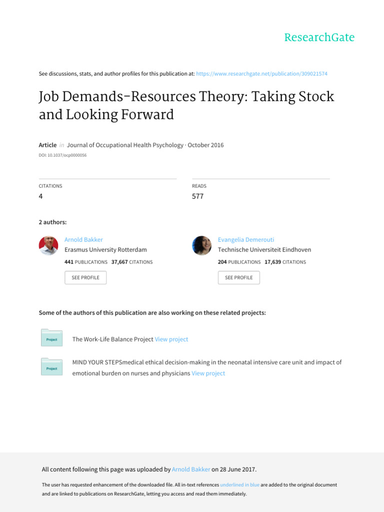Bakker&Demerouti - 2017 - Job Demands-Resources Theory-Taking Stock and ...