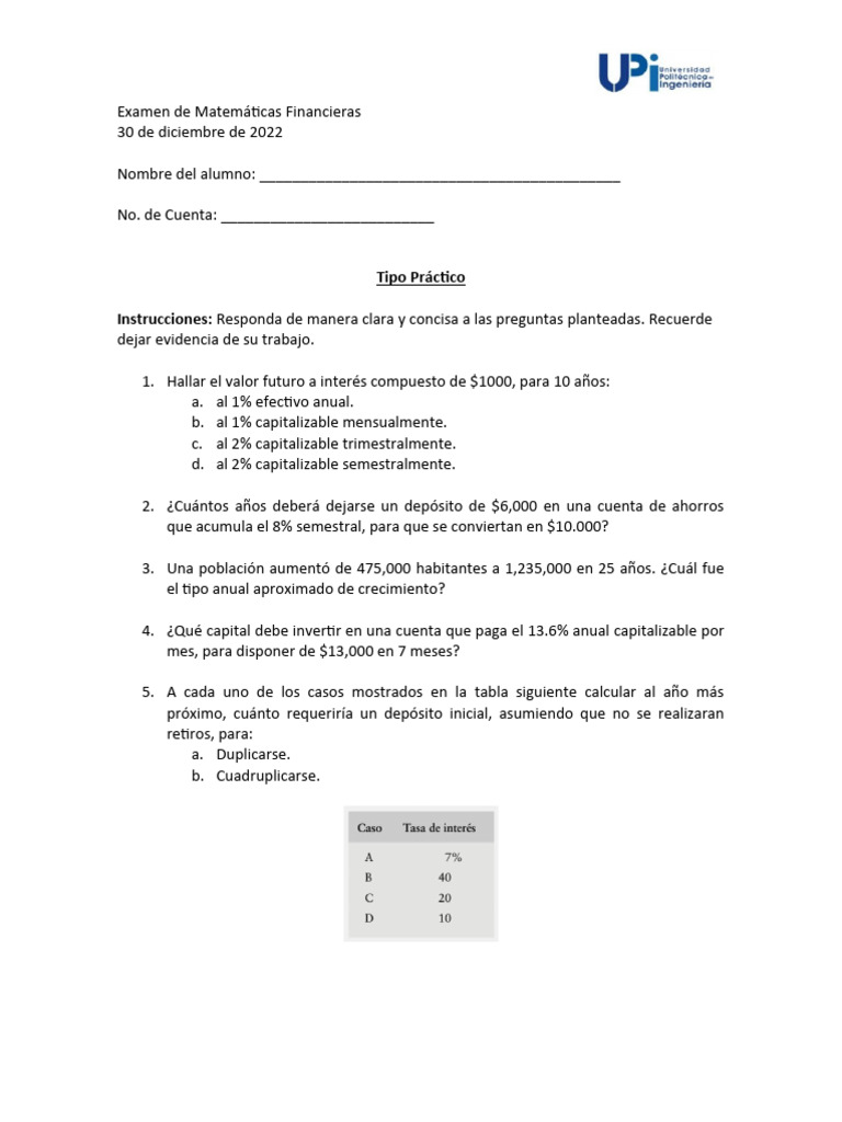 Examen de Matematicas Financieras II Parcial | PDF Examen de Matematicas Financieras II Parcial | PDF