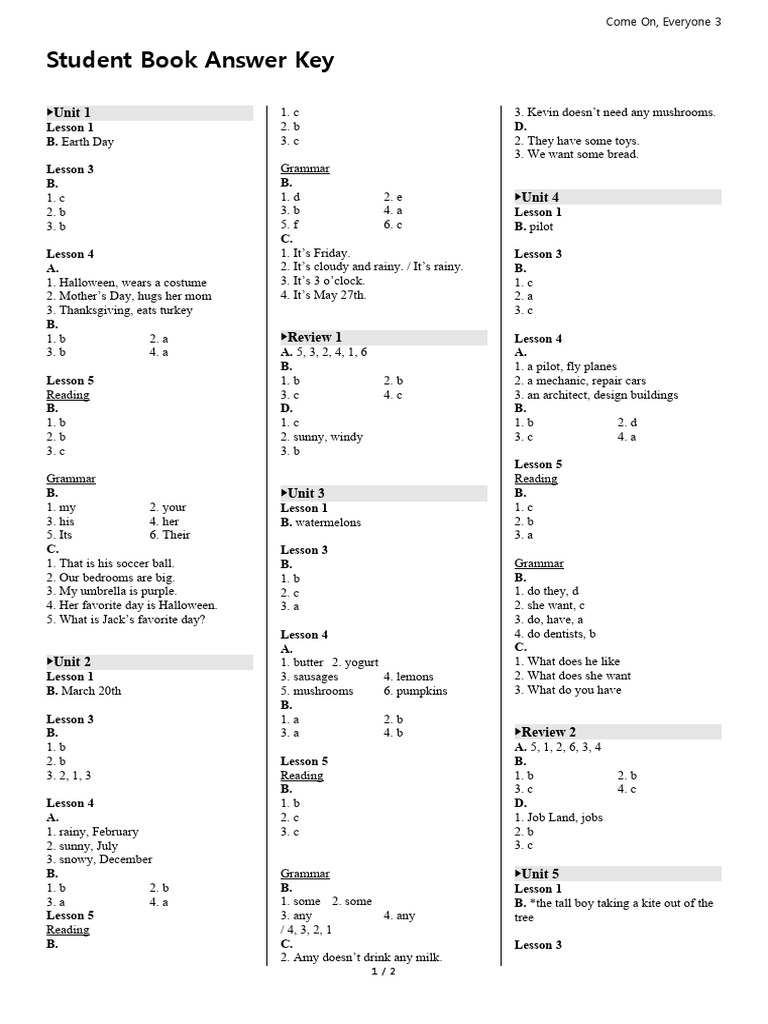 Come On Everyone 3 - SB - Answer Key | PDF