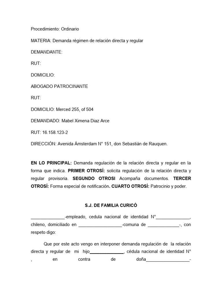 Demanda Régimen de Relación Directa y Regular | PDF | Demanda judicial ...