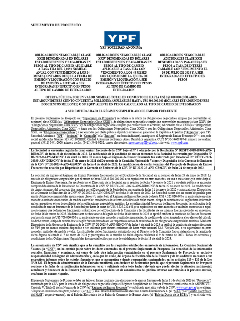 37526.on Ypf Clases 22 Ad-23-24 - Suplemento de Prospecto | PDF