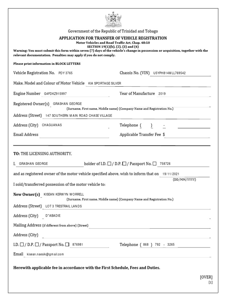 Application For Transfer of Vehicle Registration | PDF