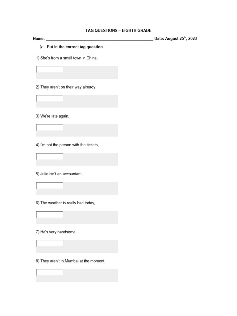 Eighth Grade Tag Questions Practice | PDF | Mystery, Thriller & Crime ...