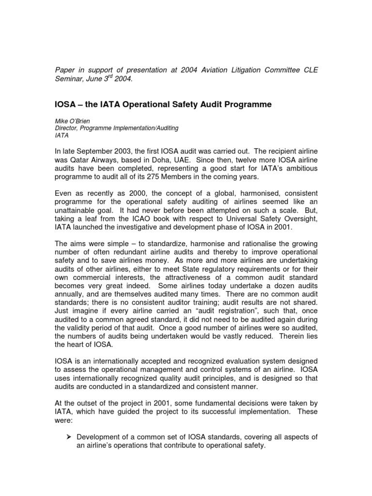 IOSA - The IATA Operational Safety Audit Programme | PDF | Audit | Airlines
