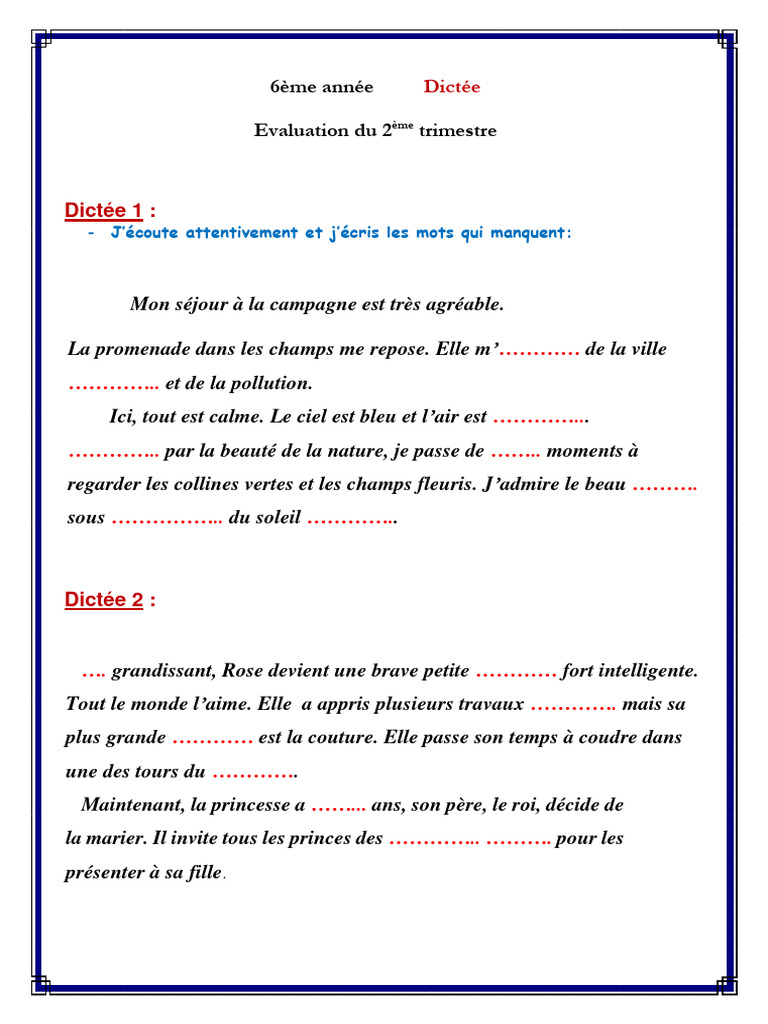 Evaluation Du 2ème Trimestre Dictée 6ème Année | PDF