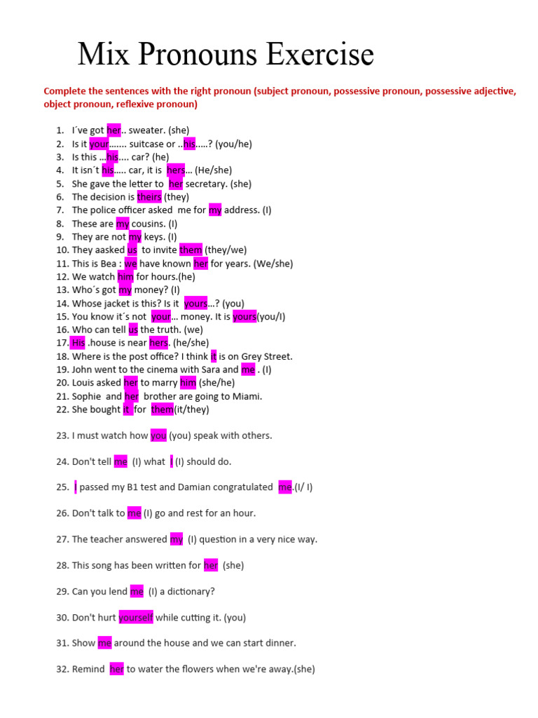 Mixed Pronouns Exercise with Answers | PDF