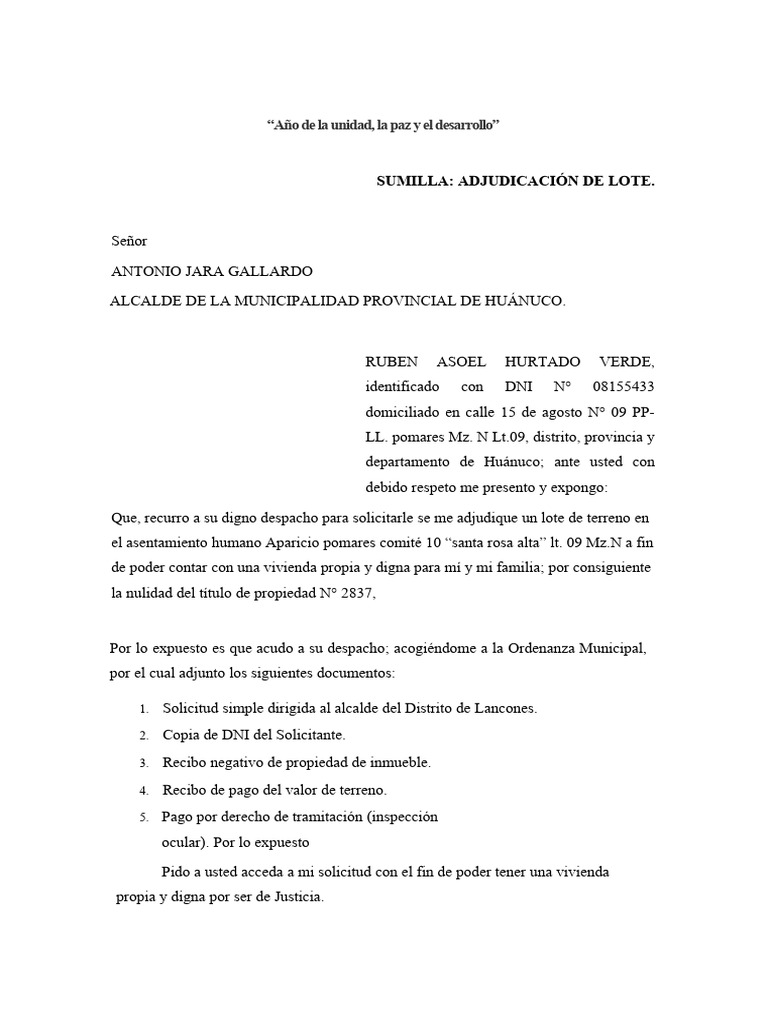 Formato - Solicitud de Adjudicación de Lote de Terreno | PDF