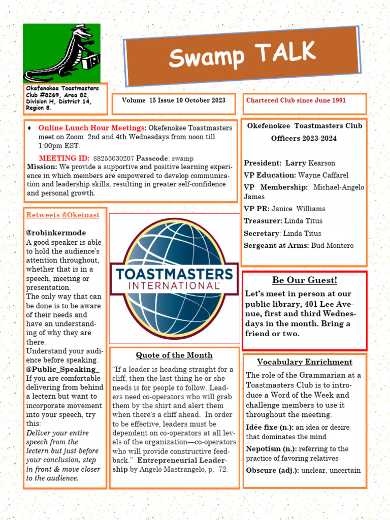 Swamp Talk, Okefenokee Toastmasters Newsletter, October 2023 | PDF