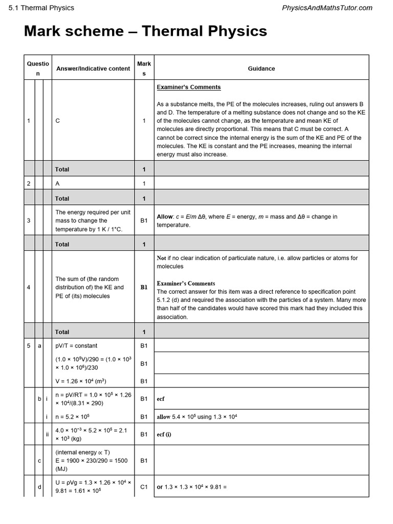 5.1 Thermal Physics MS - OCR (A) Physics A-Level | PDF