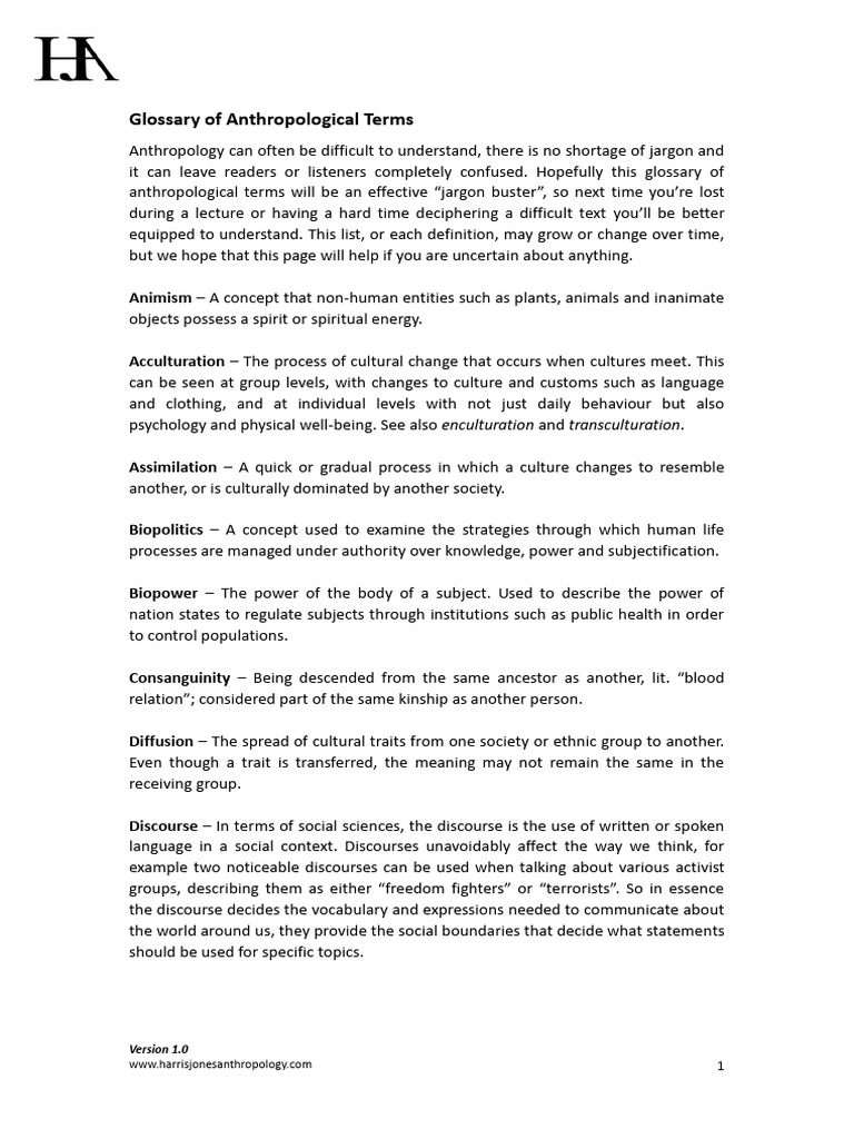 Glossary of Key Anthropology Terms | PDF