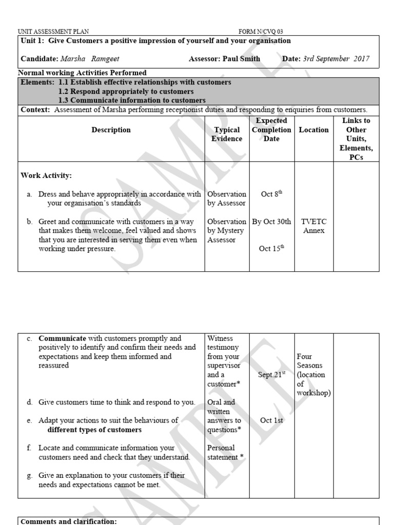 Unit Assessment Plan Sample | PDF