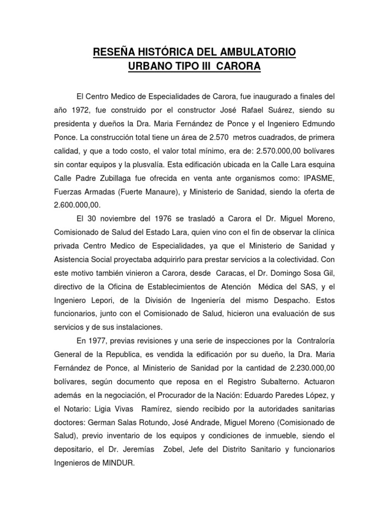 Reseña, Mision, Vision, Objetivo Ambulatorio Urbano Tipo III Carora | PDF