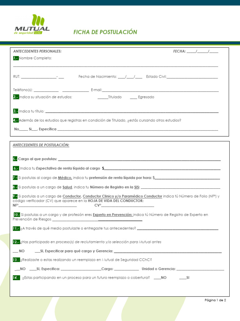 Ficha Postulación Mutual de Seguridad | PDF