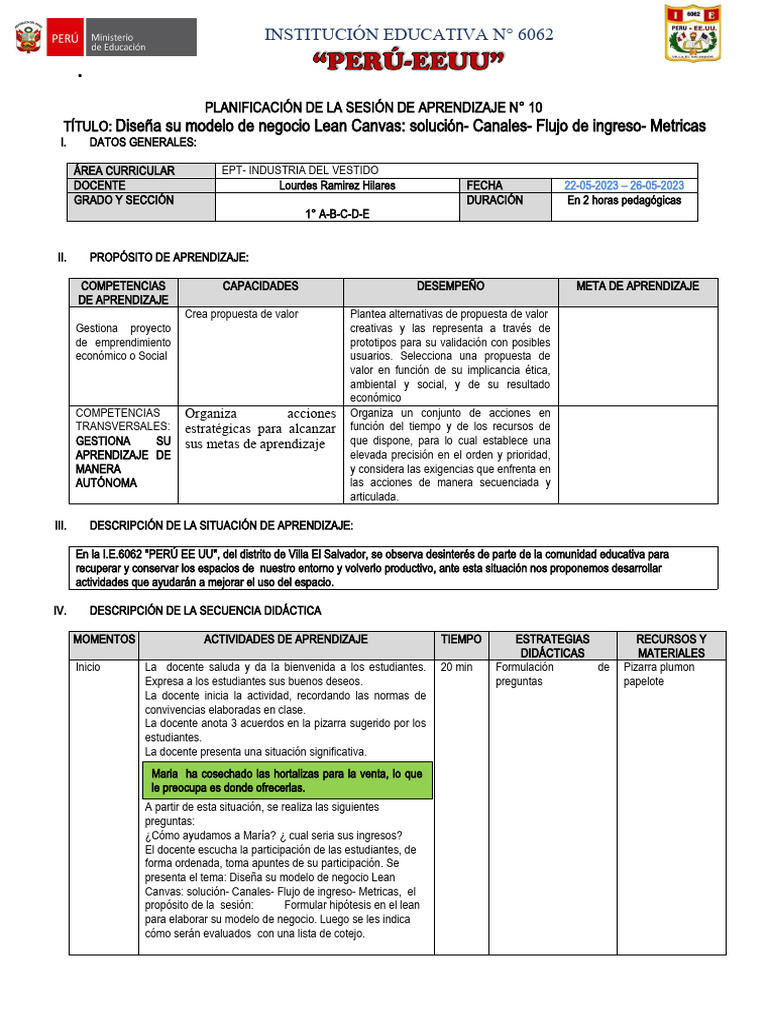 Sesión de Aprendizaje 10 - 2023 - Ept - 1ro | Descargar gratis PDF | Aprendizaje | Evaluación