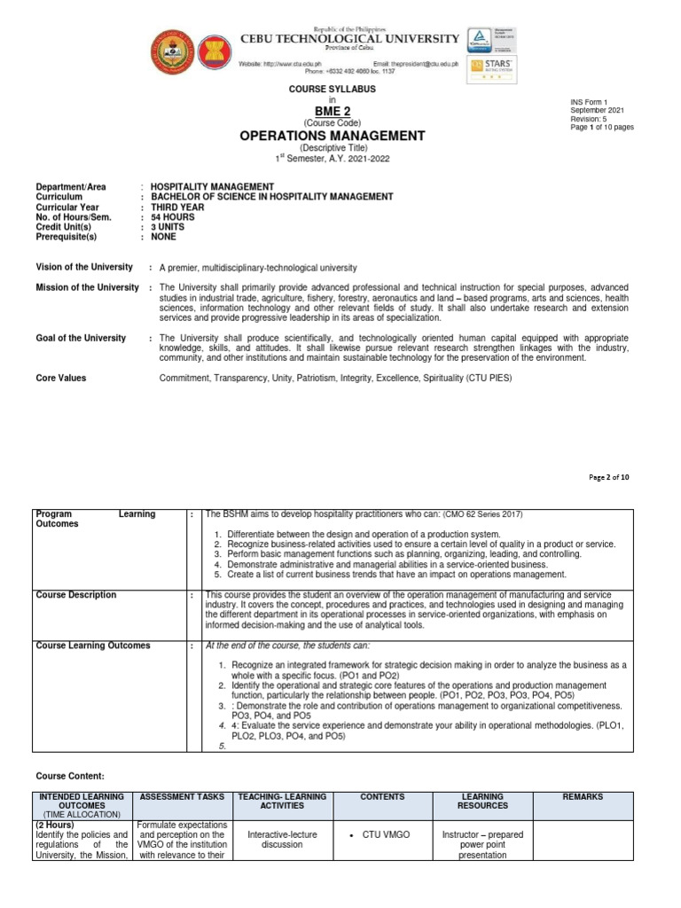 BME 302 Operations Management Syllabus | PDF | Supply Chain | Curriculum