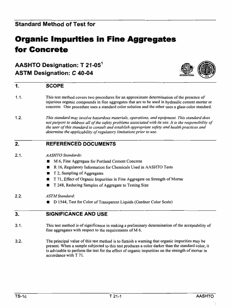 T 21-05 Organic Impurities in Fine Aggregates | PDF