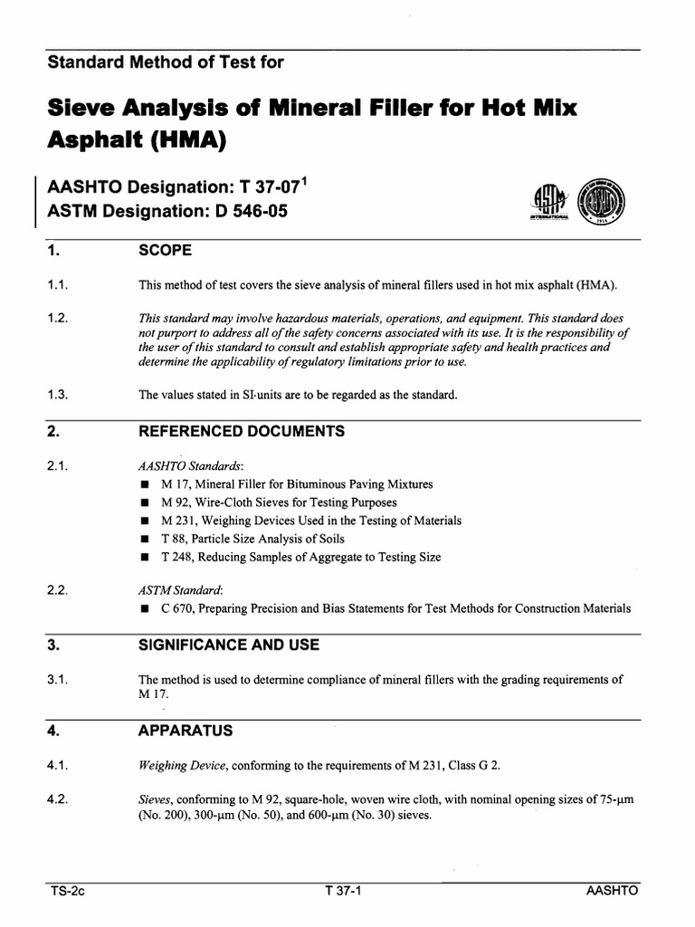 T 37-07 Sieve Analysis of Mineral Filler For HMA | PDF