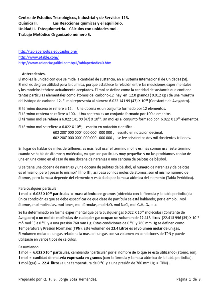 TMO No. 5 Quím II 2020 Cálculos Con Unidades Mol | PDF | Mole (Unidad ...