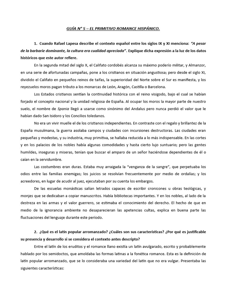 HDLE - Guía 5. El Primitivo Romance Hispánico | PDF
