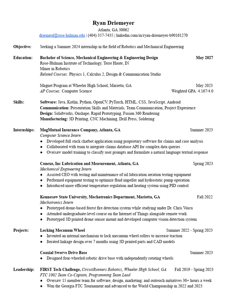 Ryan Driemeyer Resume 3 | PDF | Mechanical Engineering | Robotics