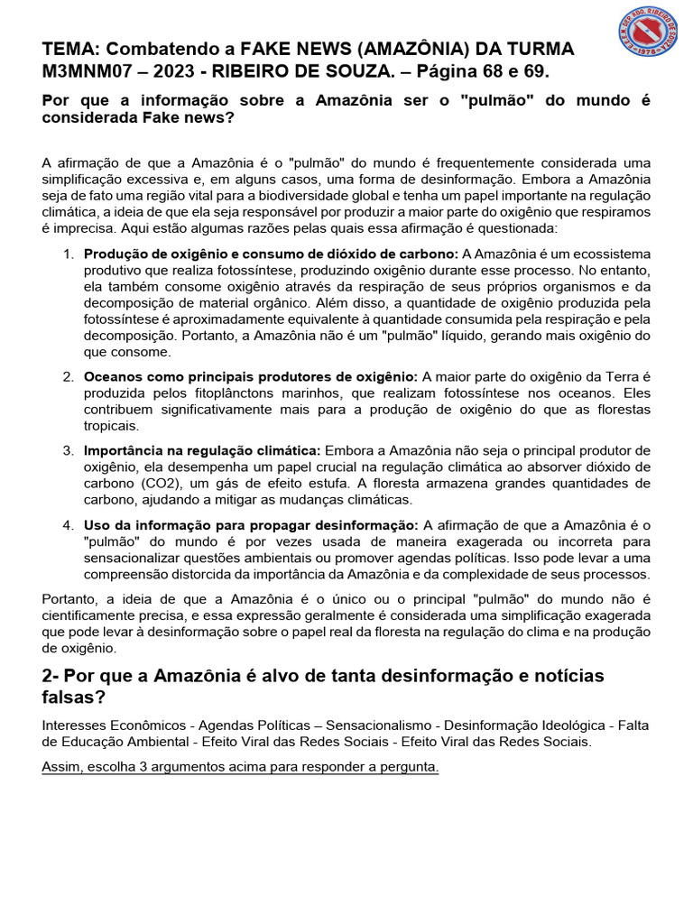 Combatendo A Fake News Da Amazonia 3B | PDF | Floresta Amazônica | Oxigênio