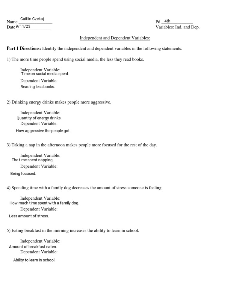 Kami Export Caitlin Czekaj Independent And Dependent Variables Worksheet Pdf