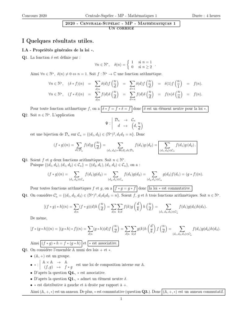 Centrale Supelec MP 2020 Maths 1 Corrige Copier | PDF | Permutation ...