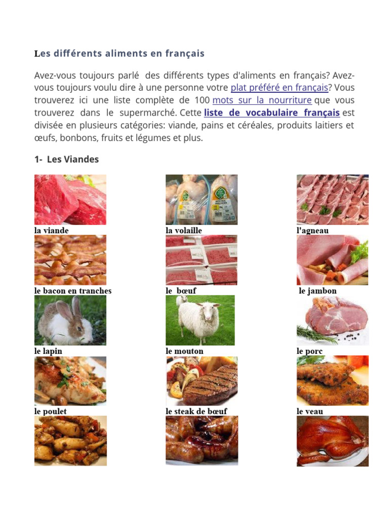 Vocabulaire des aliments en français | PDF