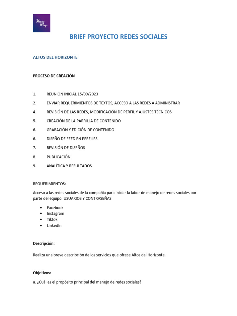 Brief Proyecto Redes Sociales Altos Del Horizonte | PDF