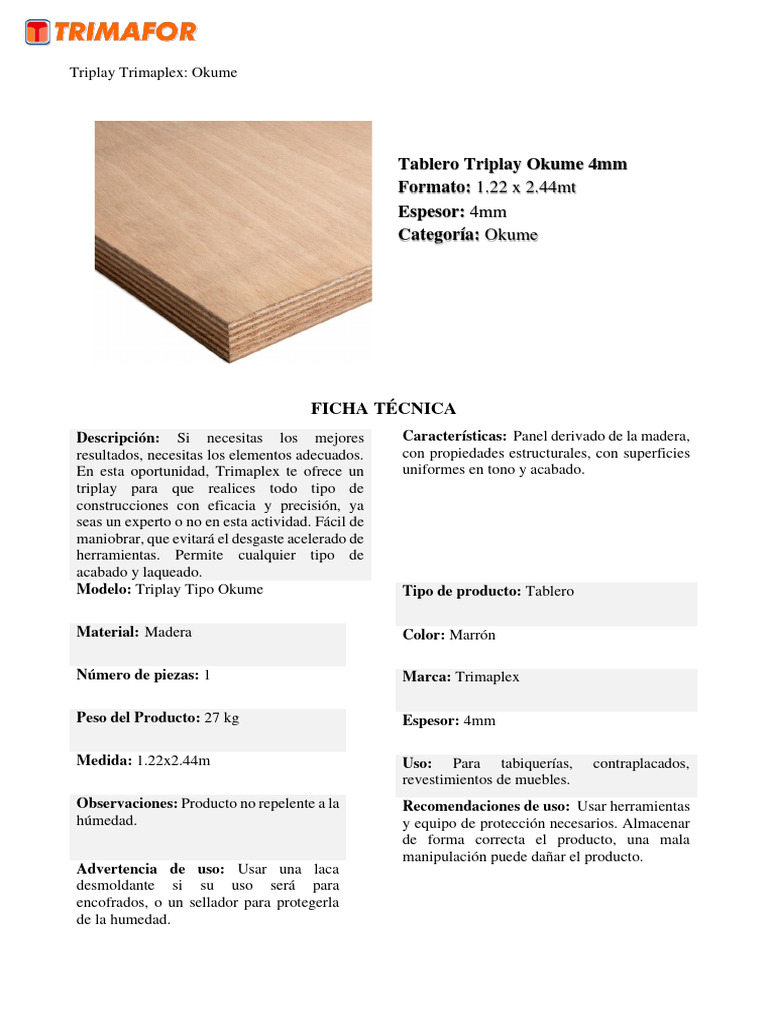 Ficha Tecnica - Triplay 4 MM | PDF