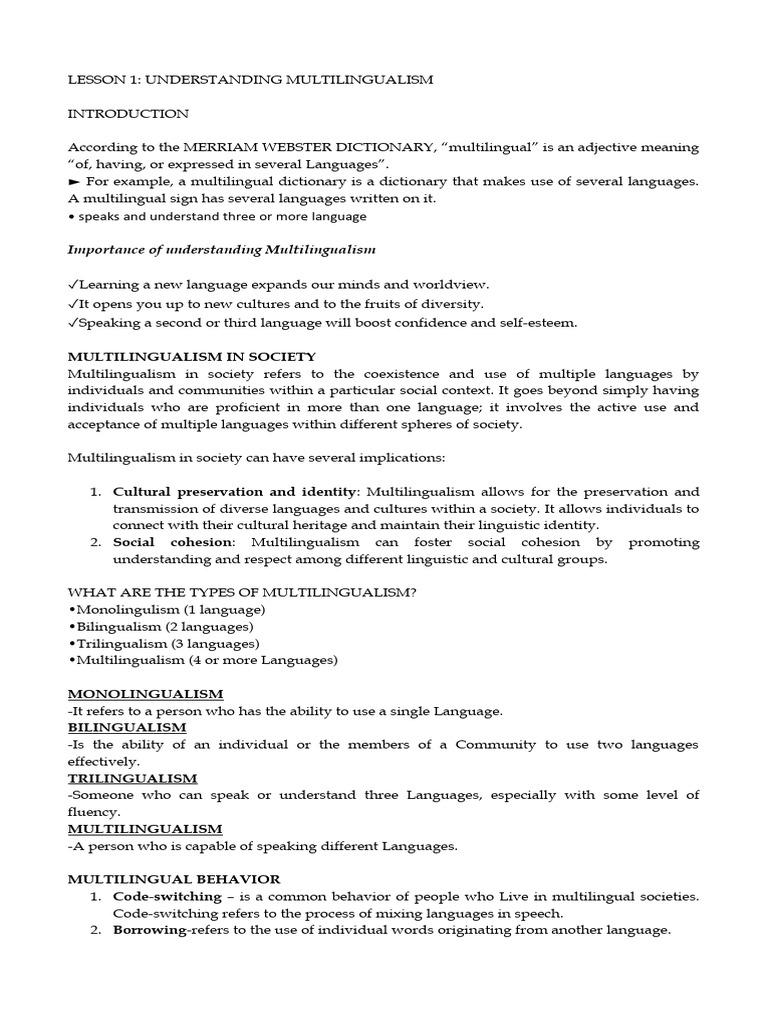Understanding Multilingualism LESSON 1 | PDF