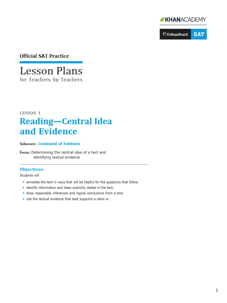 Official Sat Practice Lesson Plan Reading Central Idea | PDF