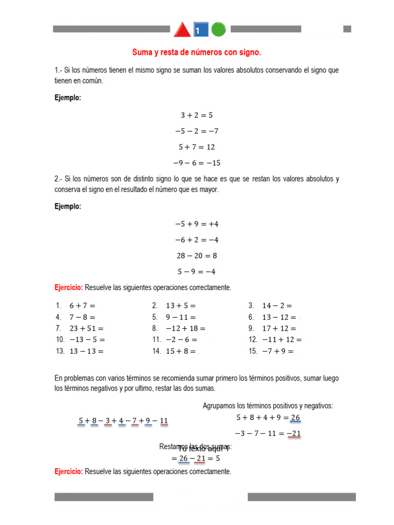 Ejercicios con leyes de signos | PDF | Sustracción | Matemáticas