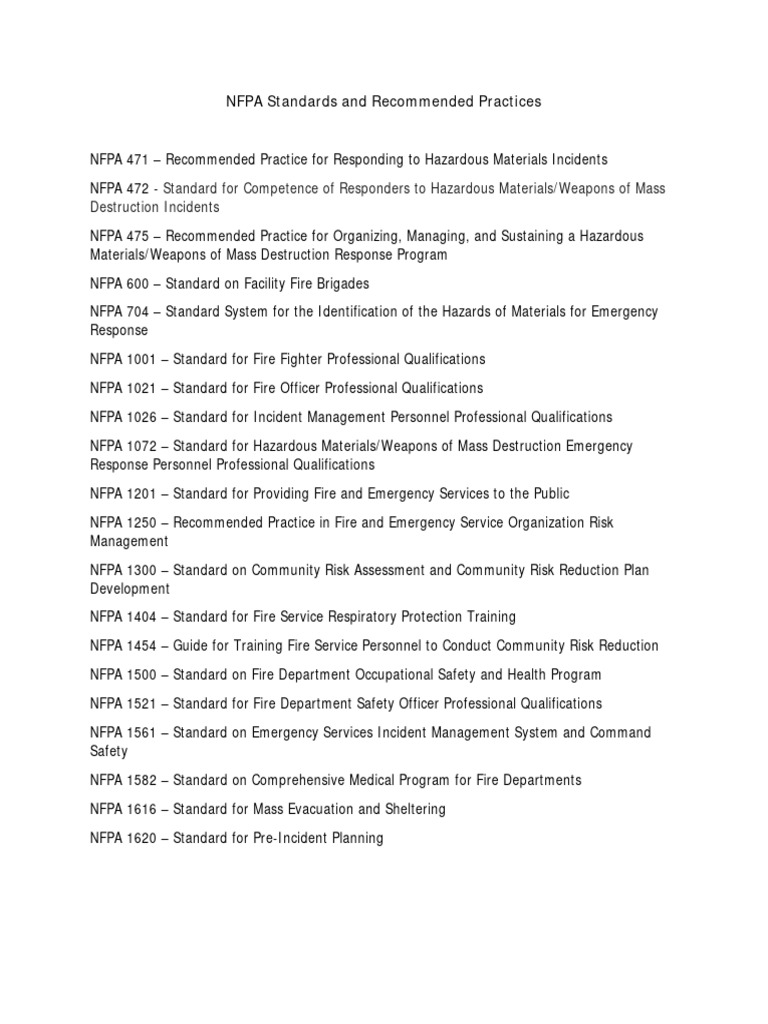 NFPA Standards for Emergency Responders | PDF | Dangerous Goods ...