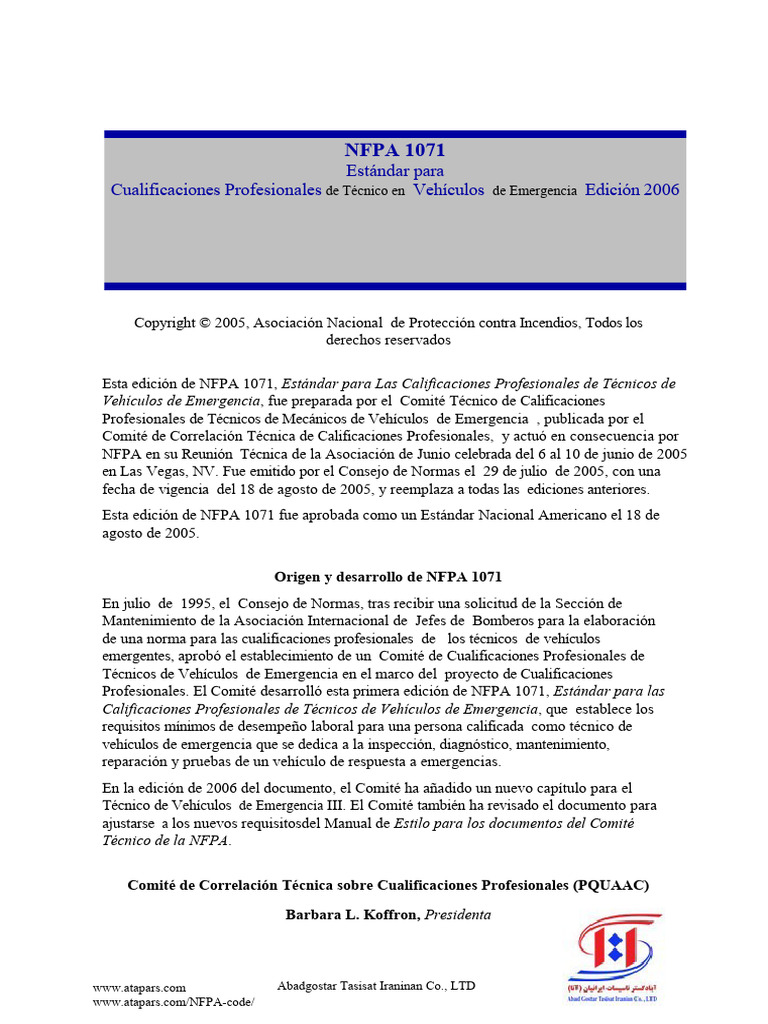 NFPA 1071 - Cualificaciones Profesionales de Técnico en Vehículos de ...