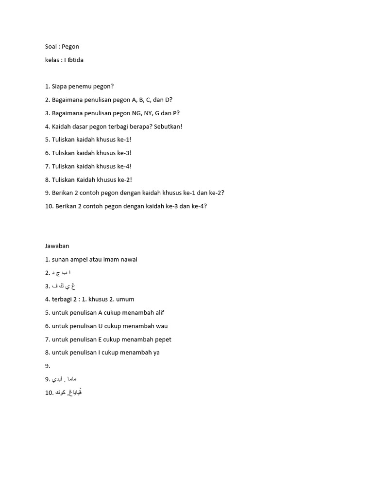 Soal Pegon Kelas 1 Ibtida Dan Jawaban | PDF