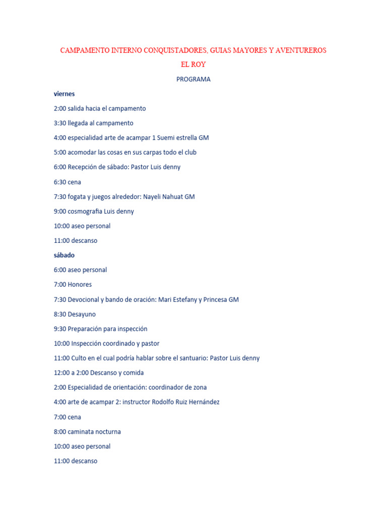 Campamento Interno Conquistadore1 Programa | PDF