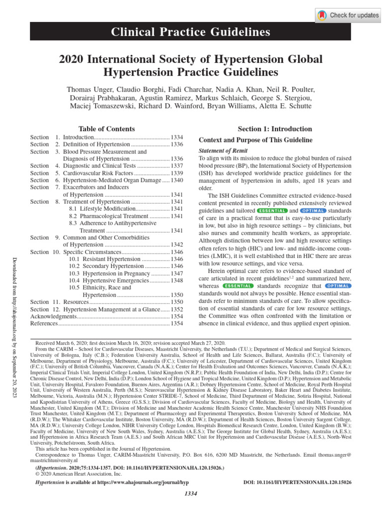 Unger Et Al 2020 2020 International Society of Hypertension Global ...