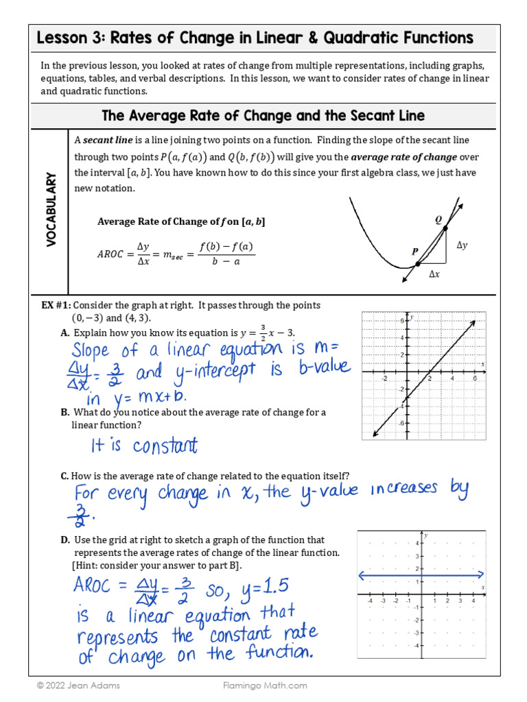 Lesson 3: Rates of Change in Linear & Quadratic Functions: The Average ...